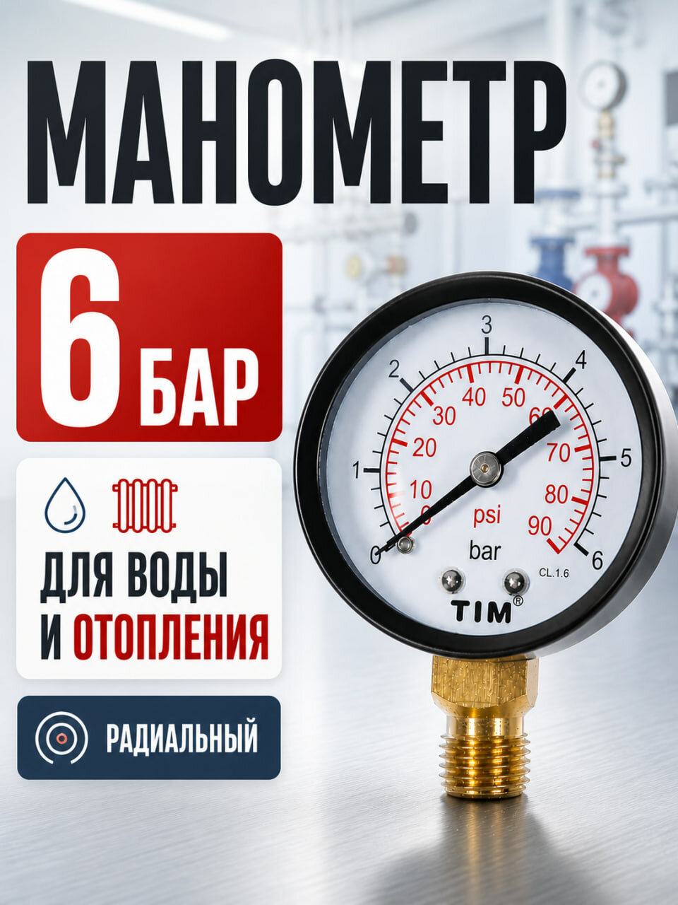 Манометр радиальный TIM, 6 Бар, класс точности 1,5, 1/4"н, Y-50-6