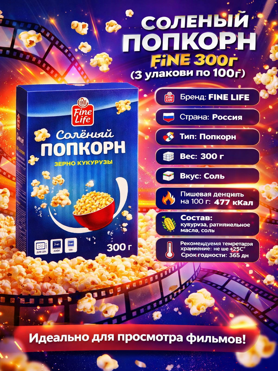 Fine Life Попкорн соленый (100г x 3шт), 300г
