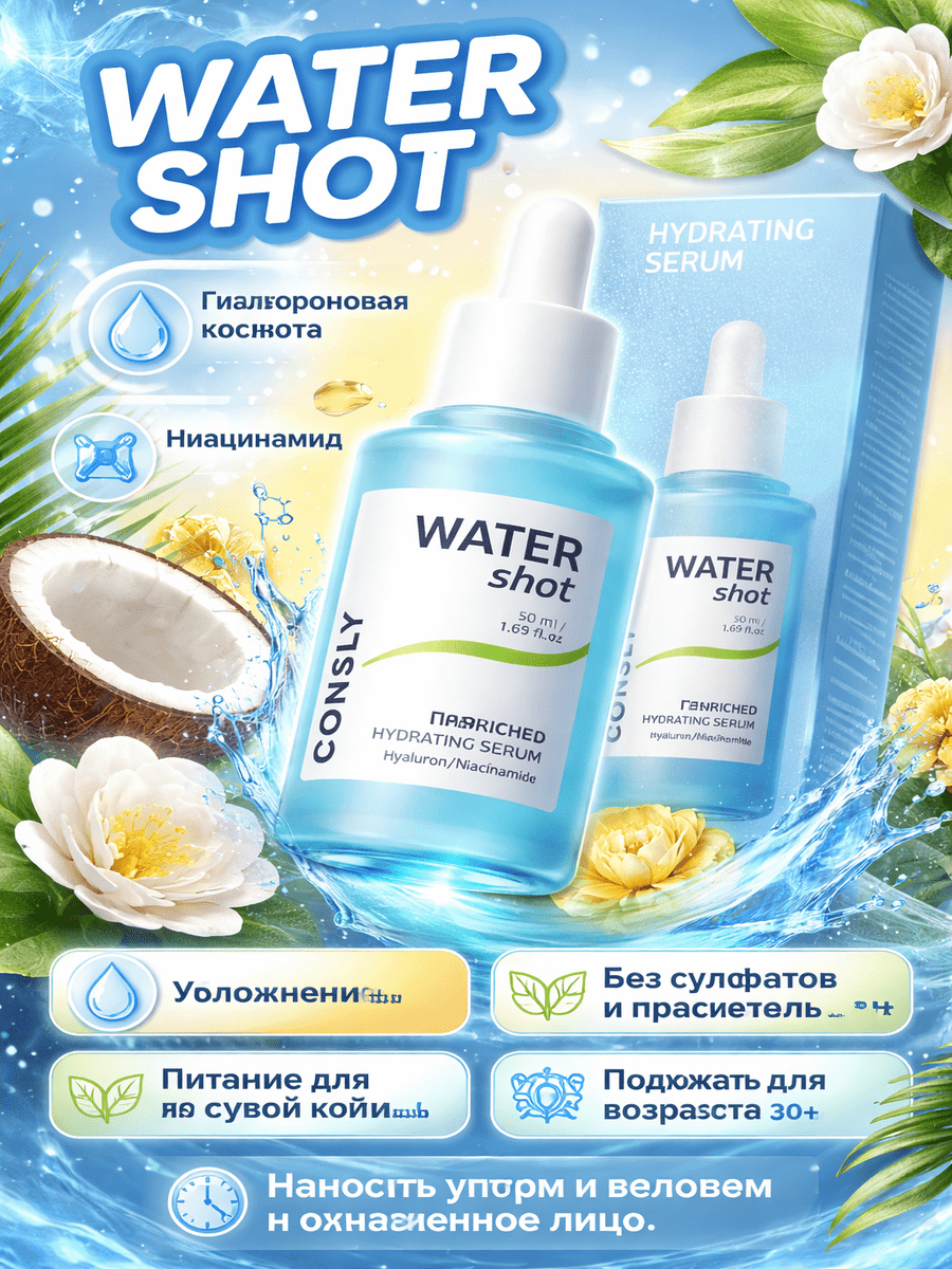 Сыворотка Consly Water Shot Enriched Hydrating Serum с гиалуроновой кислотой и ниацинамидом, 50мл