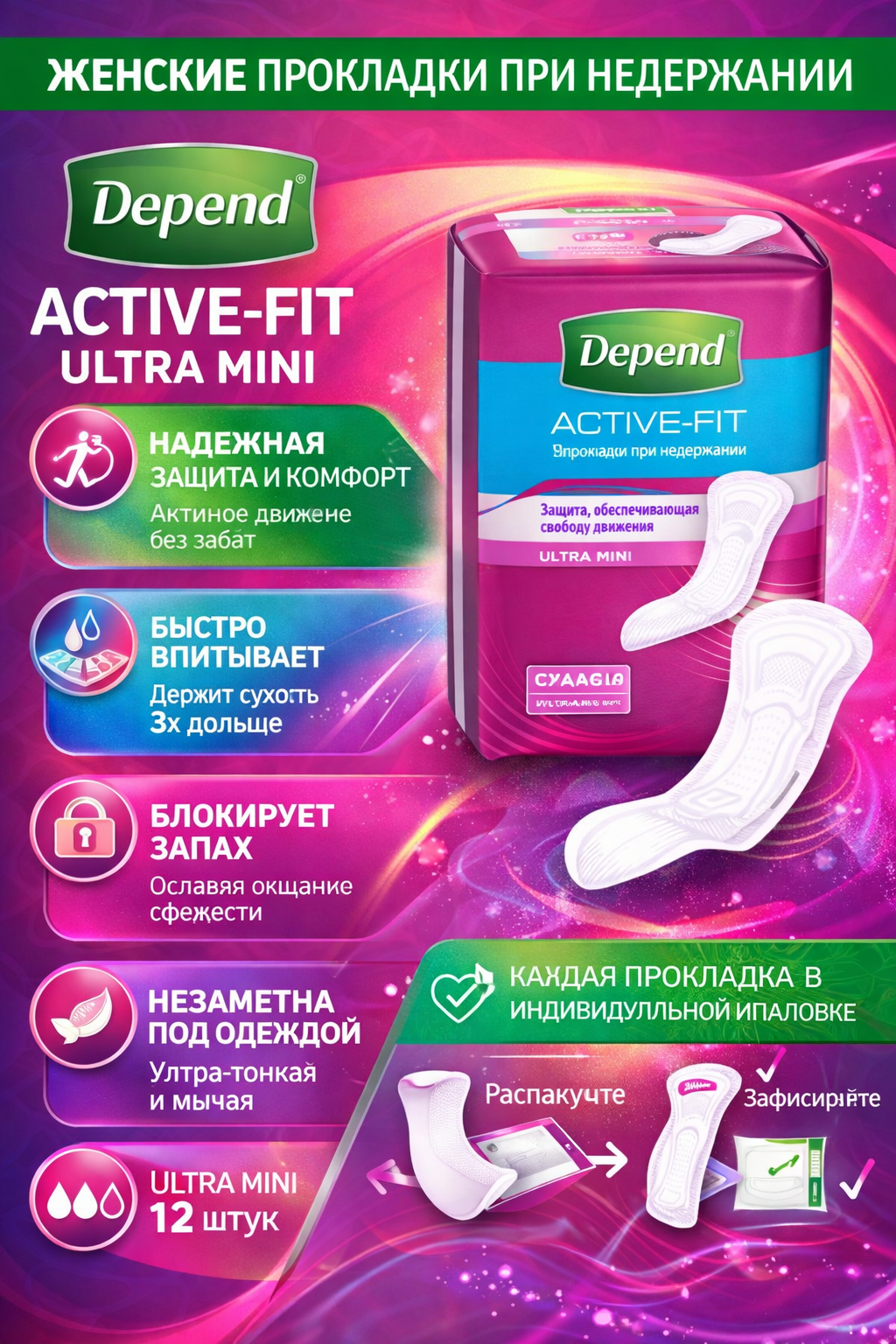 Прокладки при недержании женские DEPEND Ultra Mini, 12шт