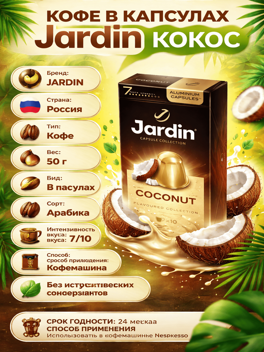Кофе в капсулах Jardin Кокос для кофемашин Nespresso 10шт, 50г