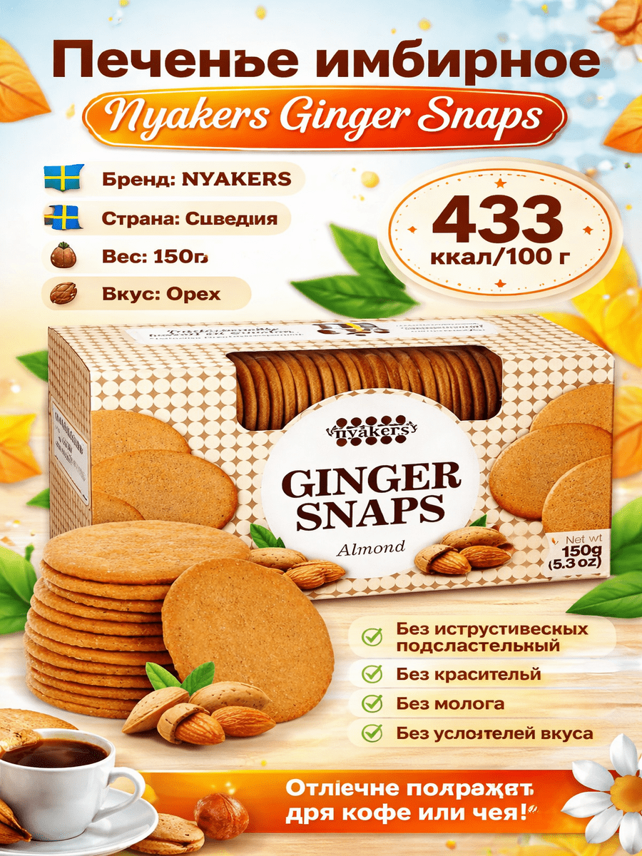 Печенье имбирное Nyakers Ginger Snaps с миндалем, 150г