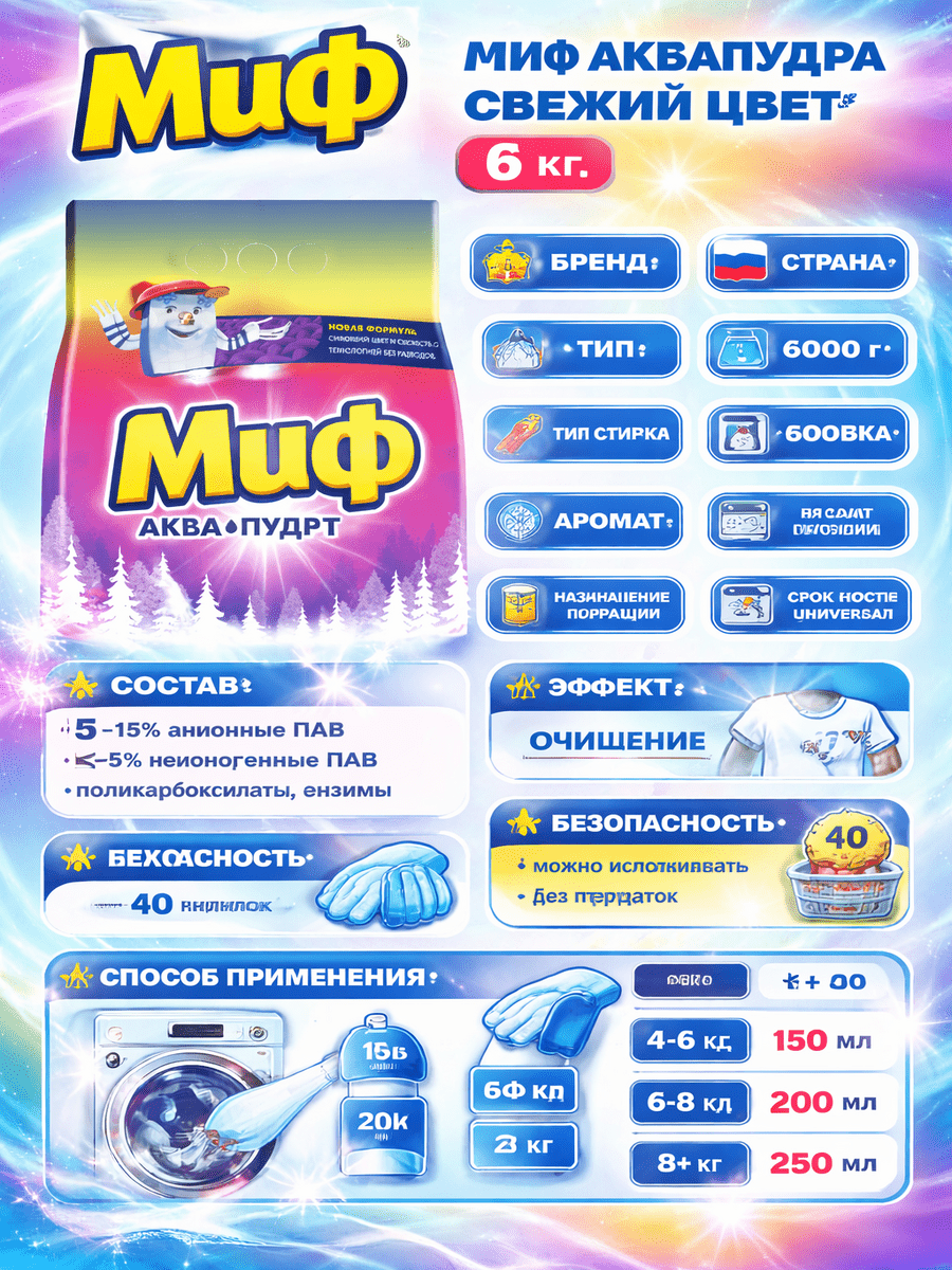 Стиральный порошок Миф Аквапудра Свежий цвет, 6кг