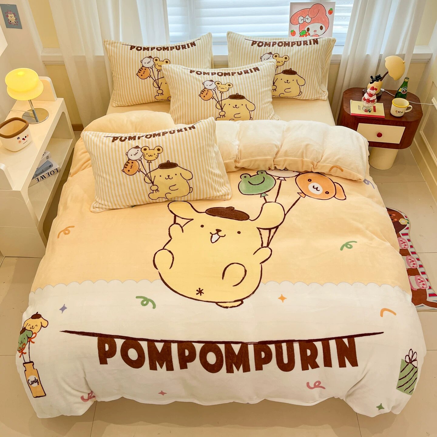 Комплект из четырех предметов из молочного вельвета с мультяшным принтом Hello Kitty, милый детский комплект из