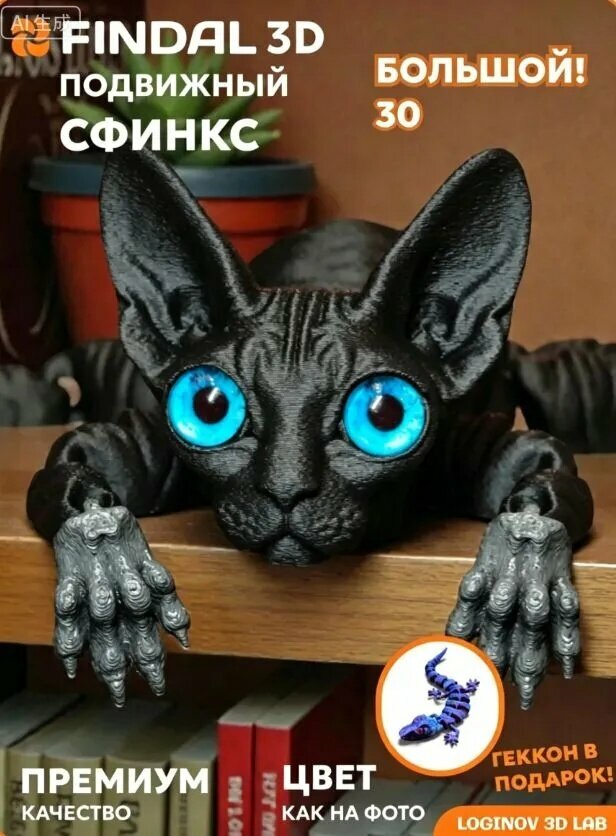 Кот Сфинкс подвижный 3D, большой 43 см, антистресс игрушка 3д + геккон в подарок