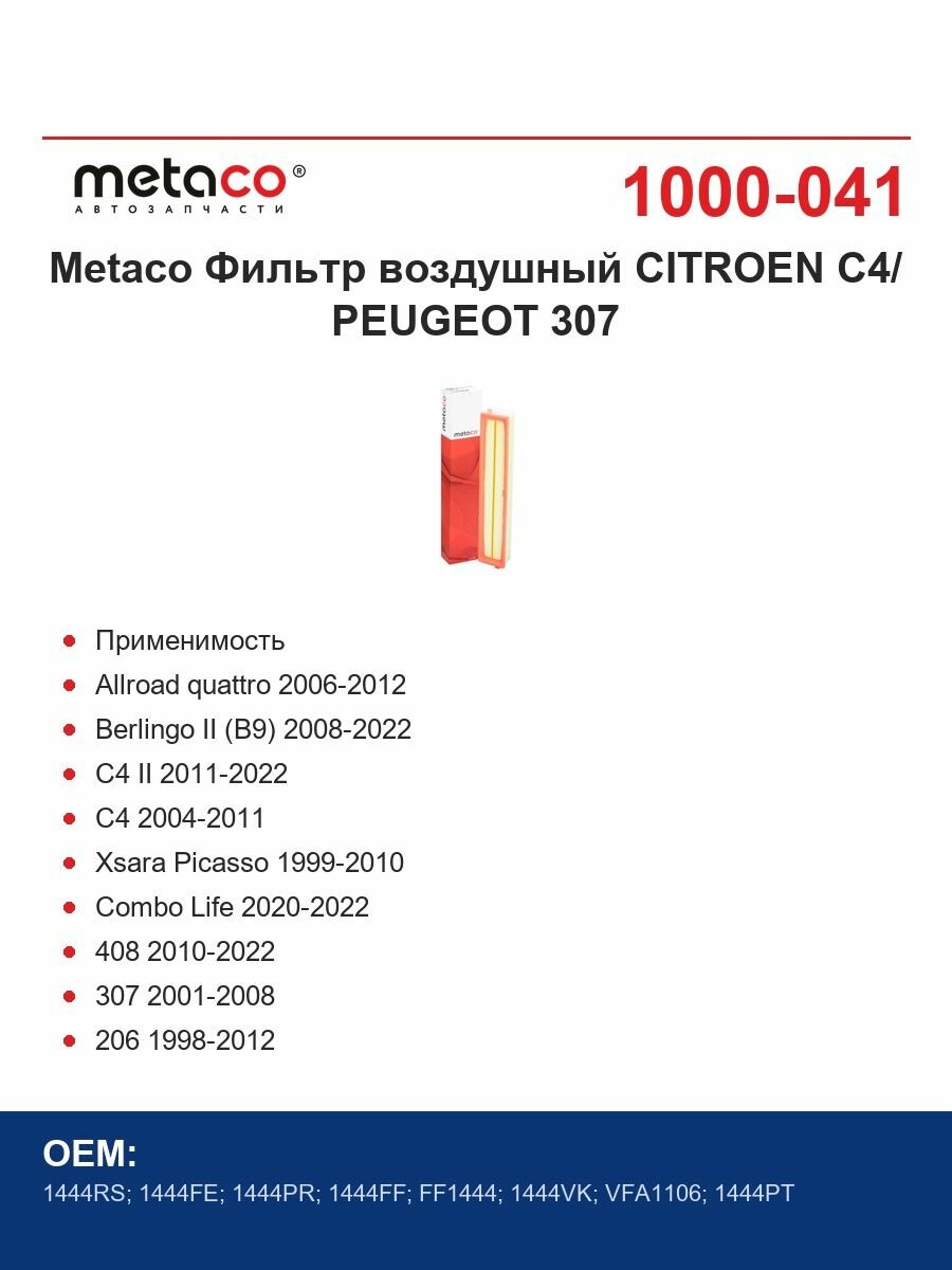 Metaco Фильтр воздушный CITROEN C4/ PEUGEOT 307