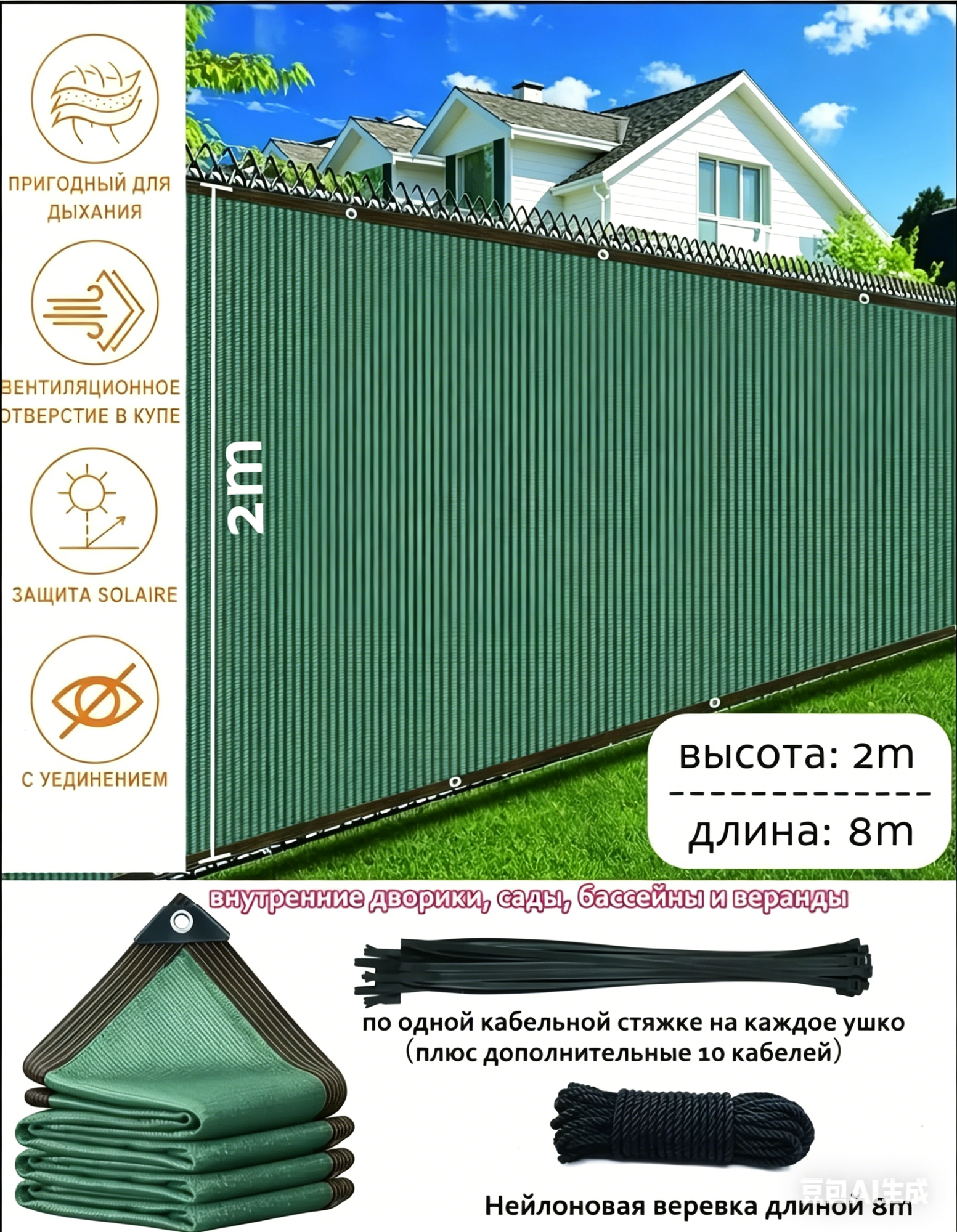 Тент-сетка, 2x8м, с рамкой, уплотненная, для открытого воздуха, зеленая