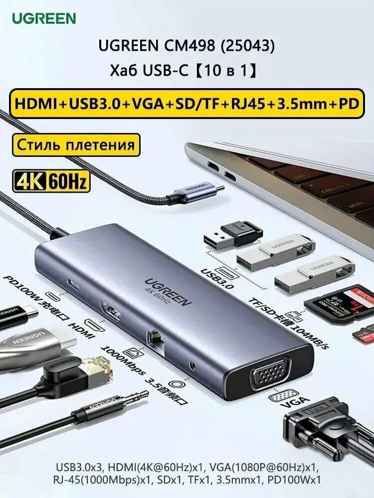 USB Хаб Ugreen CM179 (80133) 10в1, USB-A, HDMI, VGA, SD, интернет кабель. USB Концентратор