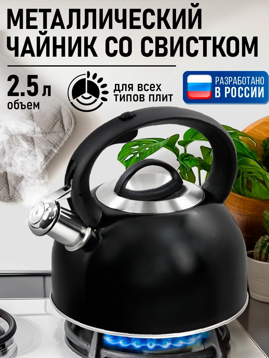 Чайник металлический со свистком MARTA MT-3007 объем 2.5 литра, черный графит