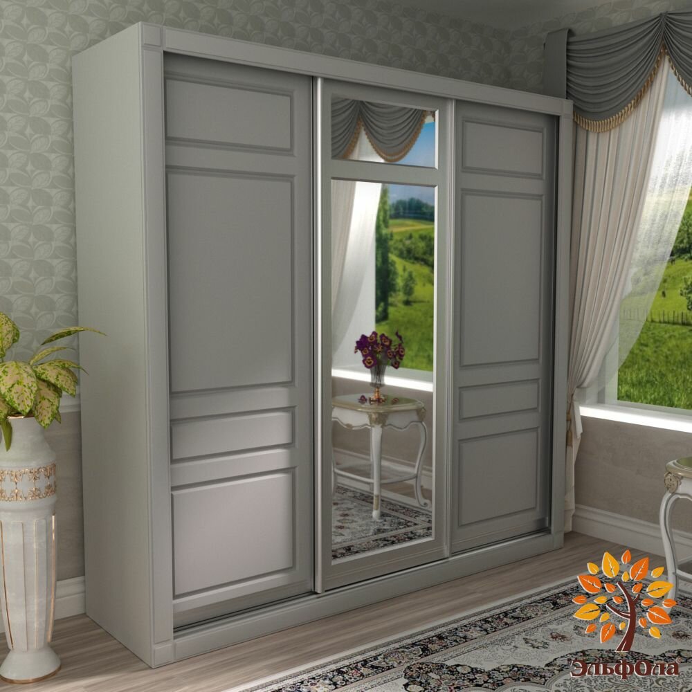 ЭльфОла Шкаф-купе "Эдгар 3" 175х60х220 см, цвет серый/серебро, с зеркалом, для одежды, трехдверный