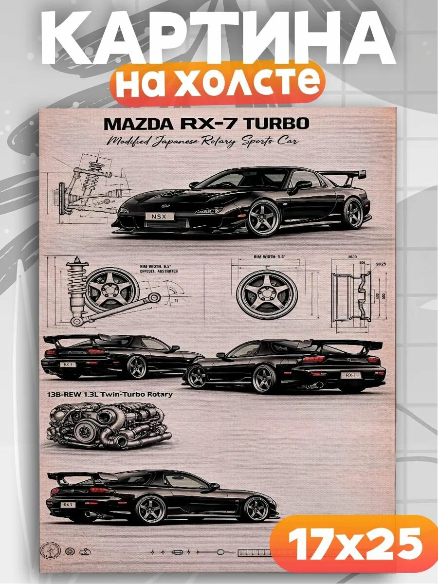 Картина на стену JDM авто Mazda RX-7 (FD), на подрамнике, 1шт, 25х17 размер.