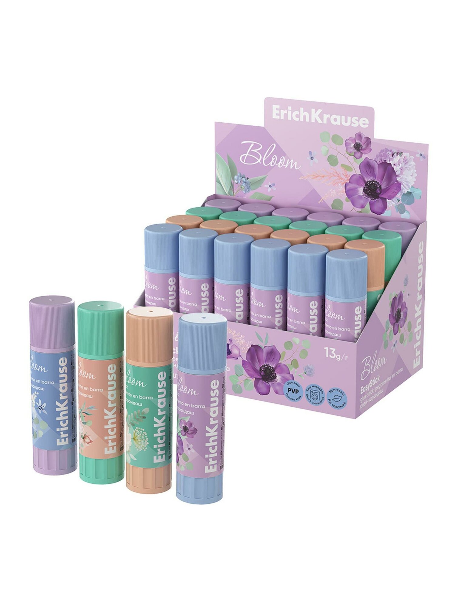 Клей-карандаш 13г ErichKrause EasyStick "Pastel Bloom" PVP, экономичный расход, микс
