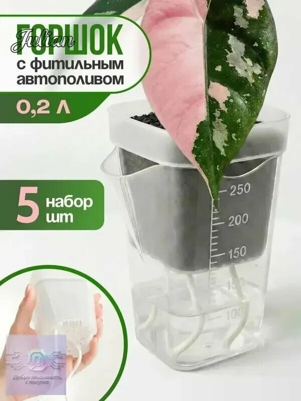 Горшок для цветов с фитильным автополивом 0.2 л, 11 см, 5 шт, прозрачный, 250 мл, идеален для орхидей