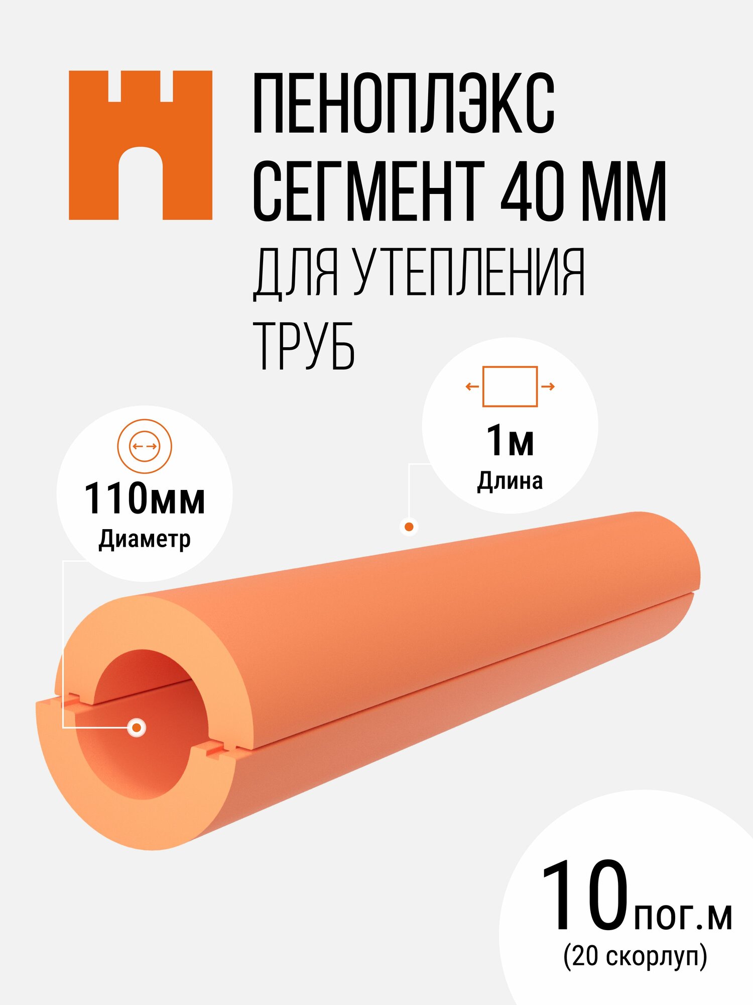 Утеплитель пеноплэкс для труб диаметром 110мм, скорлупа XPS 40мм, 10 пог. м, 20 скорлуп