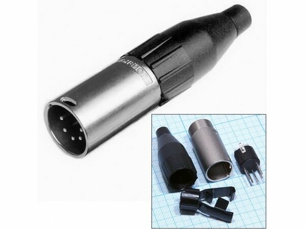 Разъем XLR, кабельный, AC, штекер, 5 контактов, корпус- металл никель, Amphenol