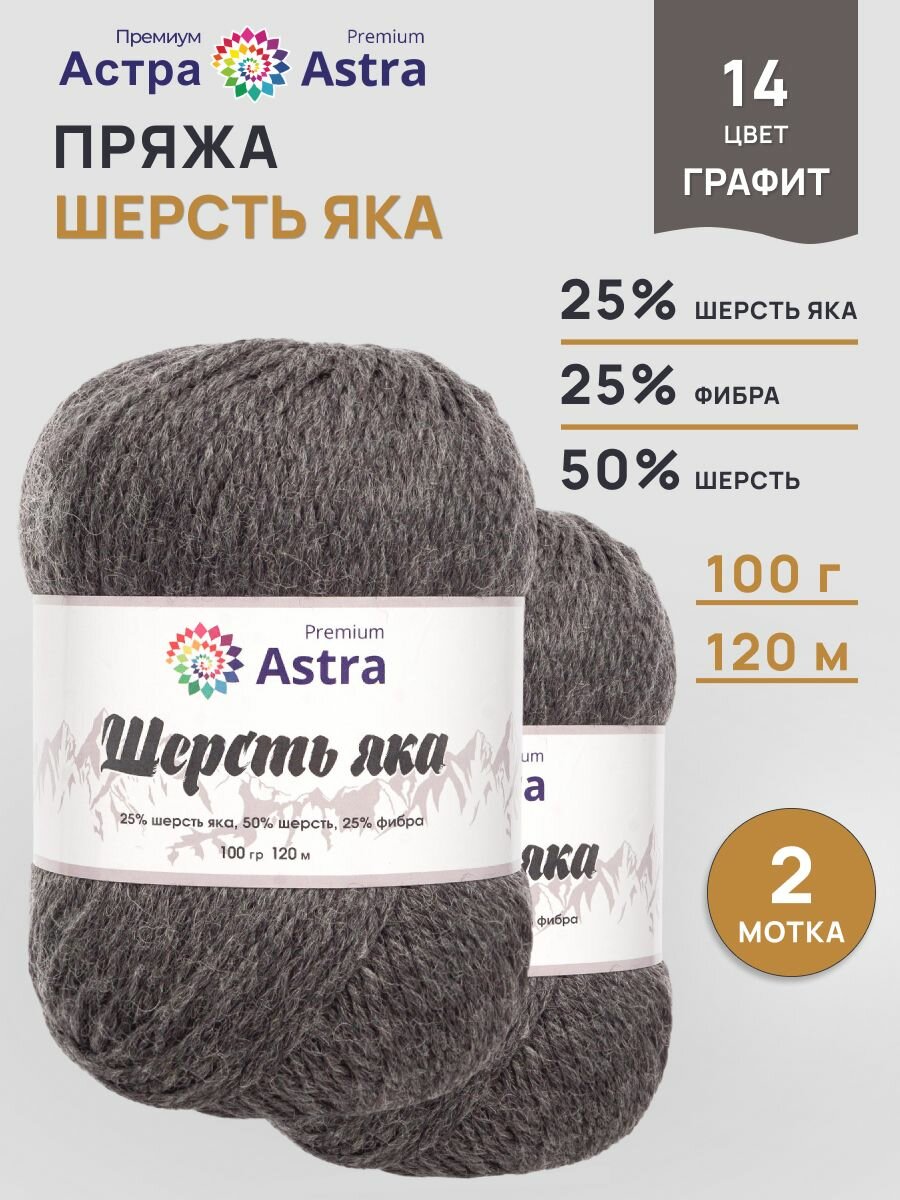 Пряжа для вязания Astra Premium 'Шерсть яка' 100г, 120м (шерсть яка, шерсть, фибра) (14 графит), 2 мотка