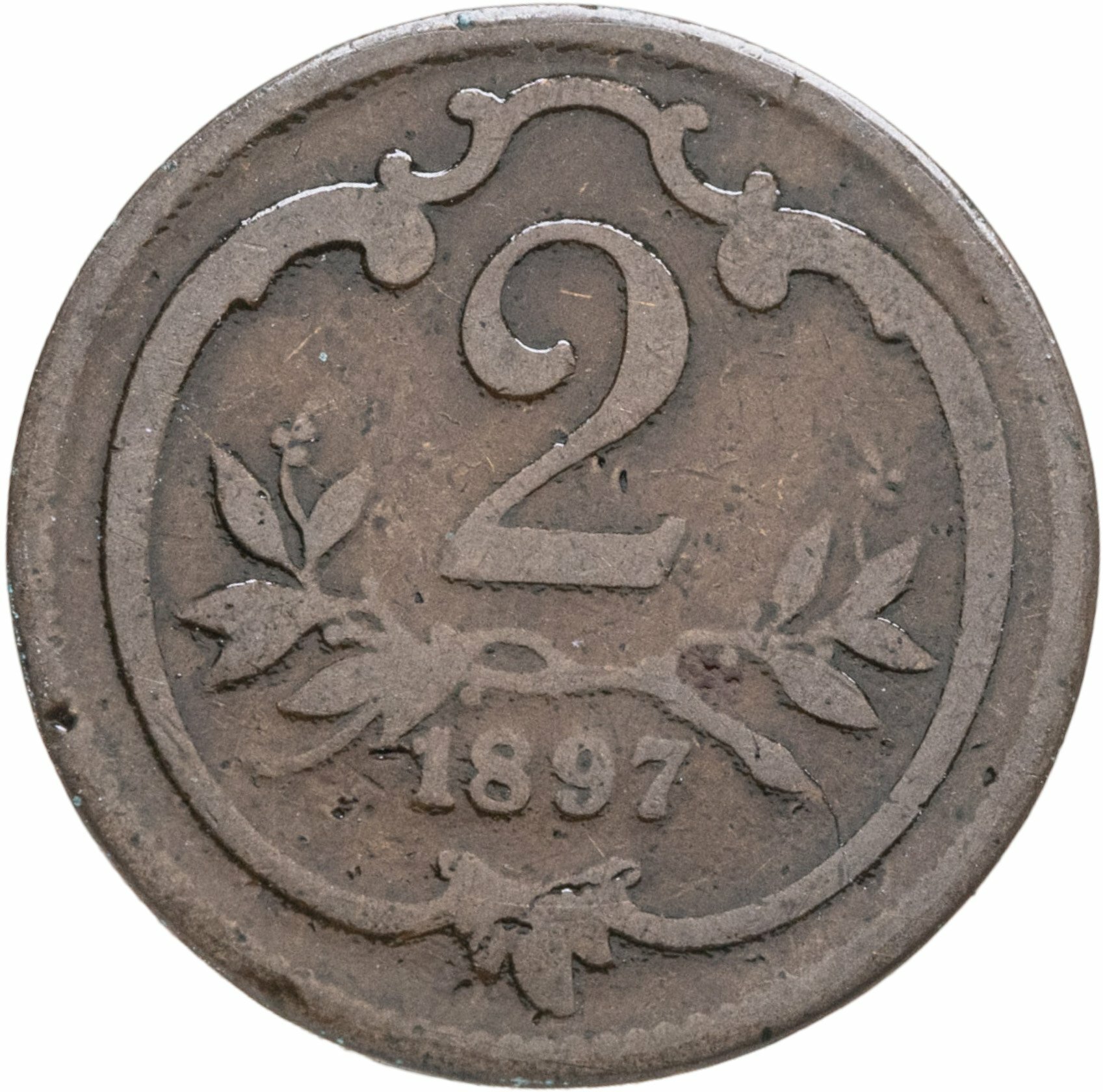 Австрия 2 геллера heller 1897, Бронза, в сохранности F-VF