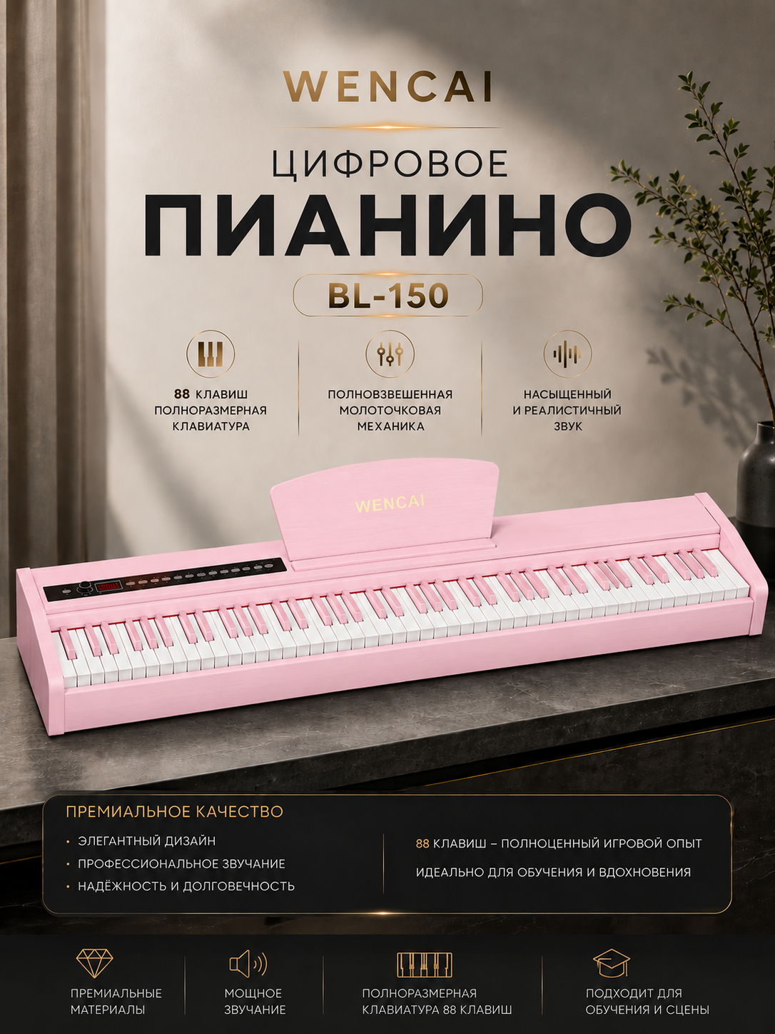 WENCAI Цифровое пианино с Bluetooth MIDI и аудио: 88 взвешенных клавиш для дома и улицы