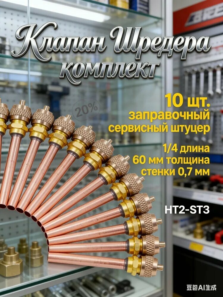 Клапан Шредера, комплект 10 штук, заправочный сервисный штуцер 1/4 длина 100 мм толщина стенки 0,7 мм