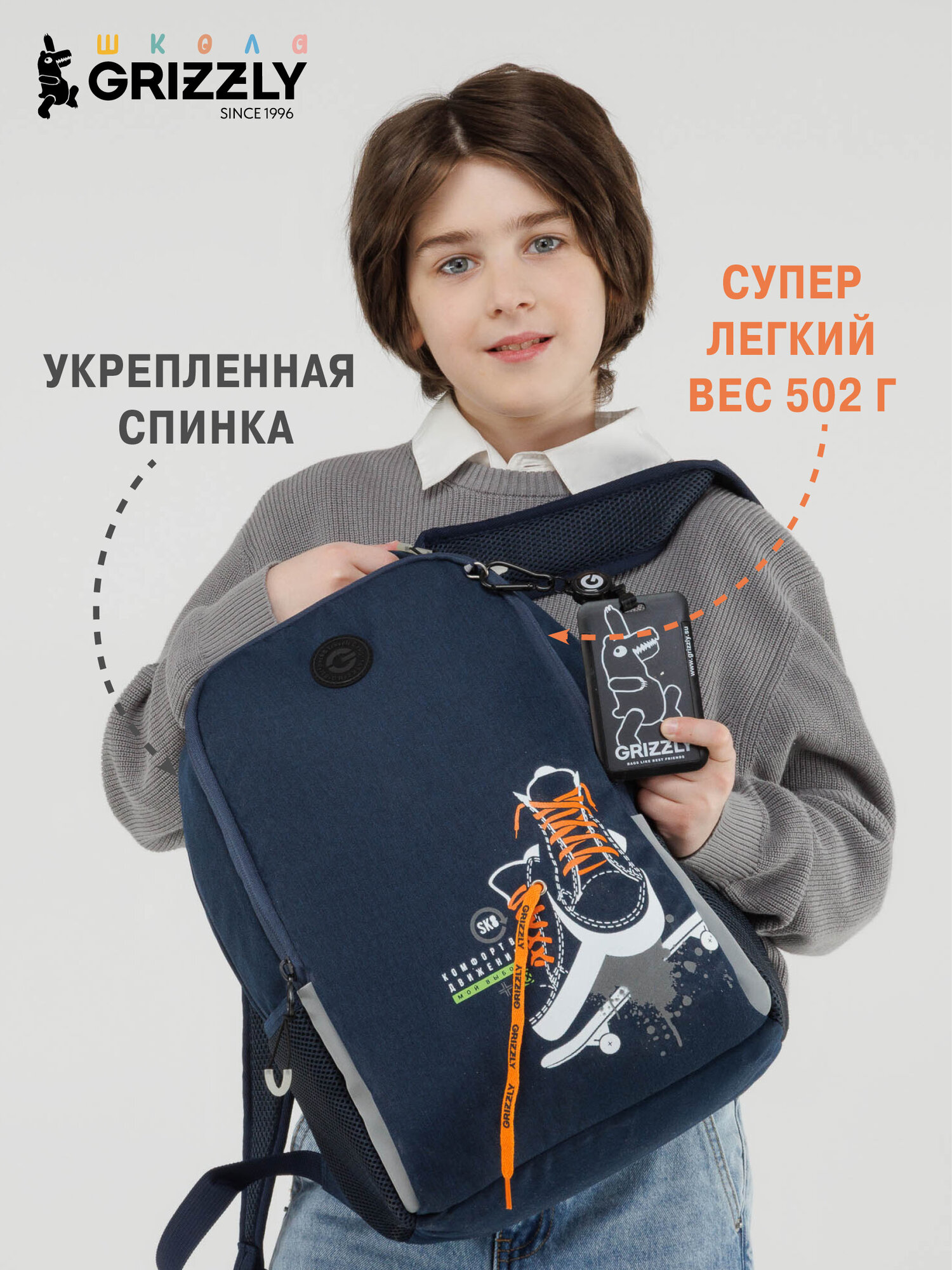 Рюкзак школьный GRIZZLY легкий с жесткой спинкой, двумя отделениями, для мальчика, RB-651-5
