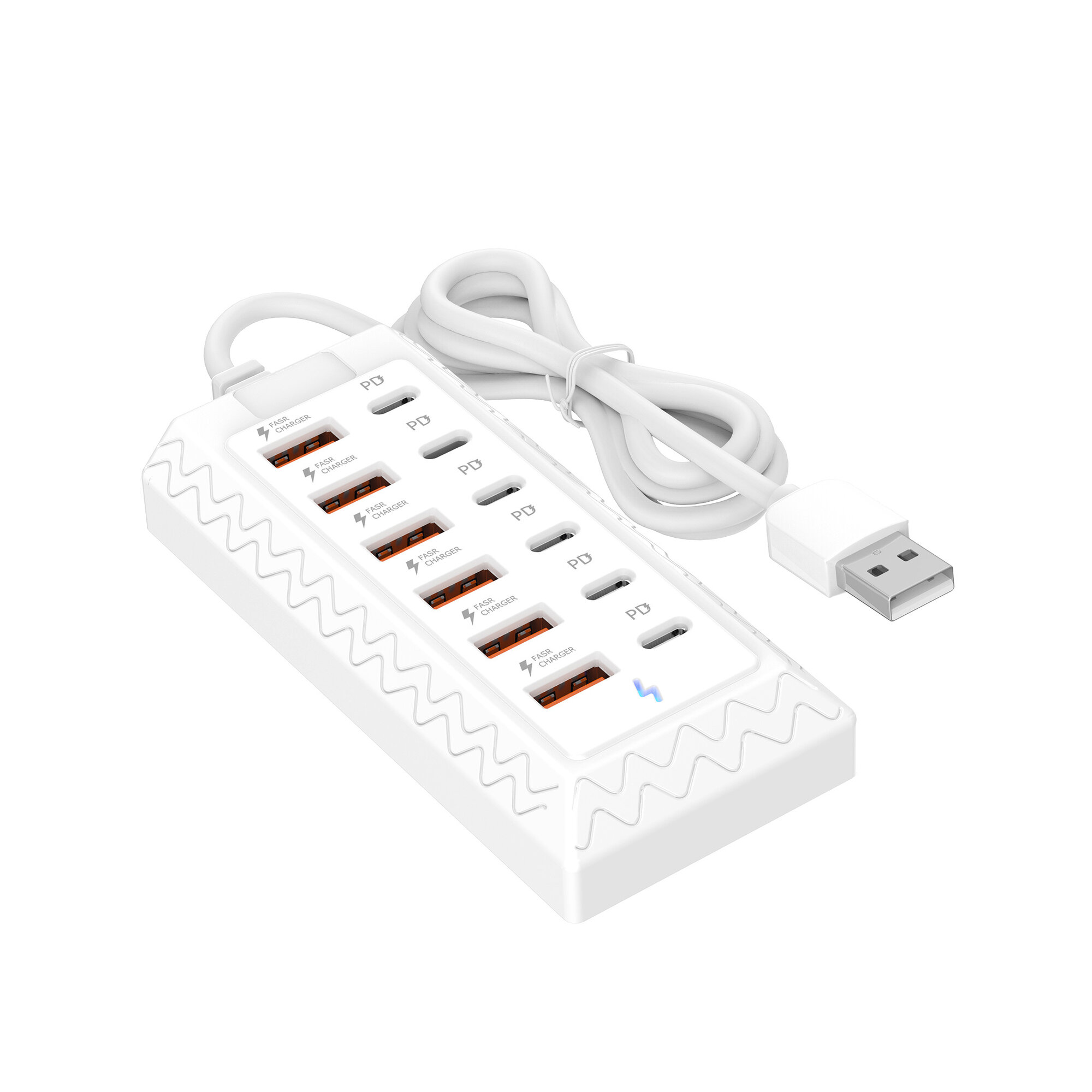 12-портовый зарядный блок с быстрой зарядкой 66W PD, 6 USB-A и 6 Type-C, удлинитель 1 м, компактная зарядная станция для дома и офиса, белый