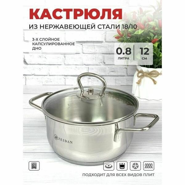 Кастрюля с крышкой 0,8 л из нержавеющей стали для всех видов плит (Z-501085)