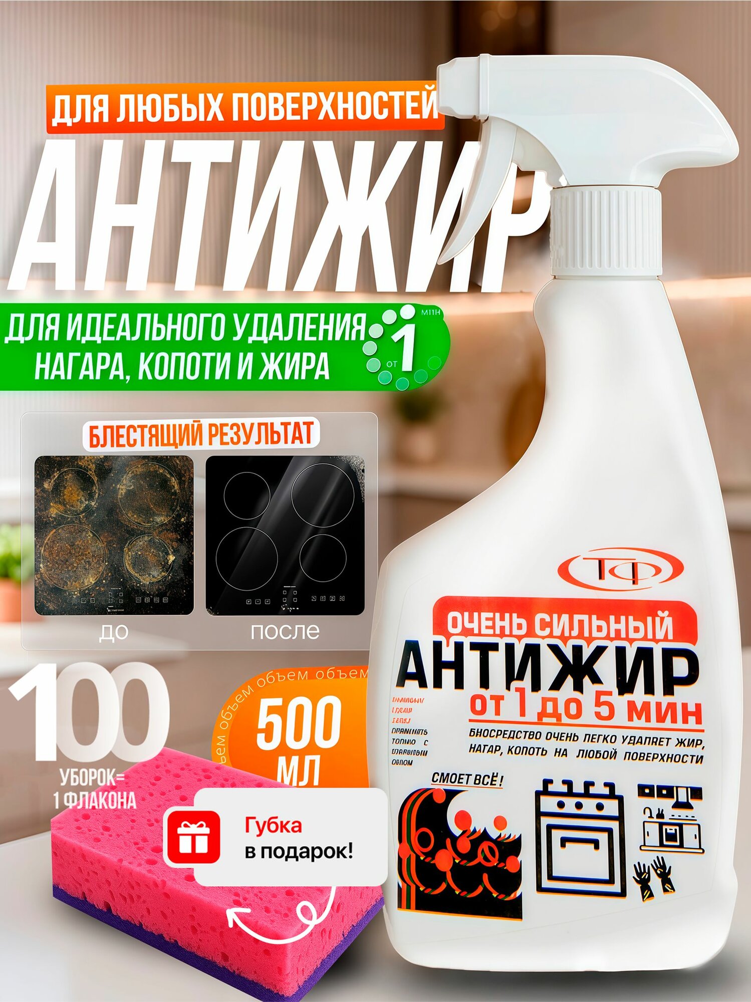Антижир. Чистящее средство для кухни, жироудалитель, средство от жира и нагара. Спрей для удаления масло-жаровых и белковых загрязнений, 500мл