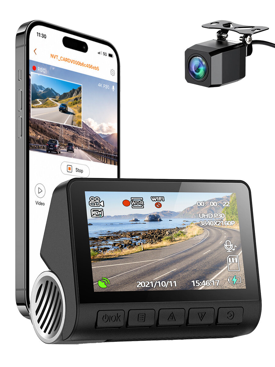 Видеорегистратор для автомобиля с 2 камеры и ночной съемкой, 4K + 1080P WiFi GPS