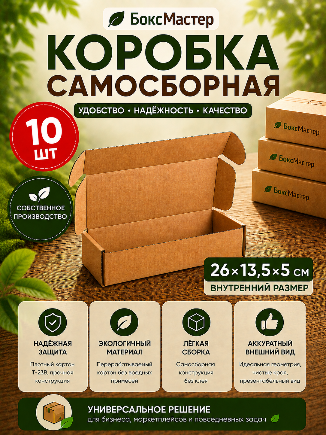 Коробка картонная самосборная подарочная упаковочная 26x13,5x5 см 10 шт