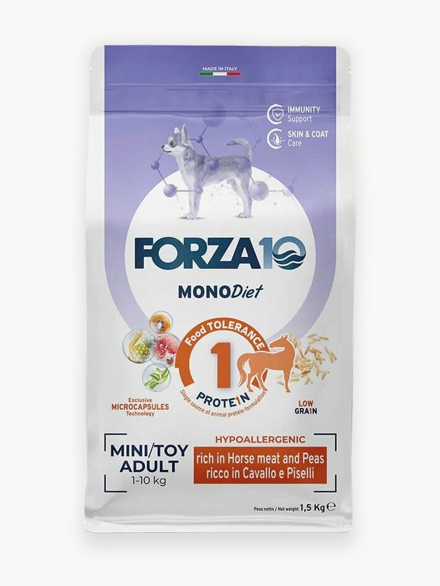 Корм сухой Forza10 "Diet" для взрослых собак мелких пород, Mini Diet Cavallo con Piselli (конина и горох) 1,5 кг