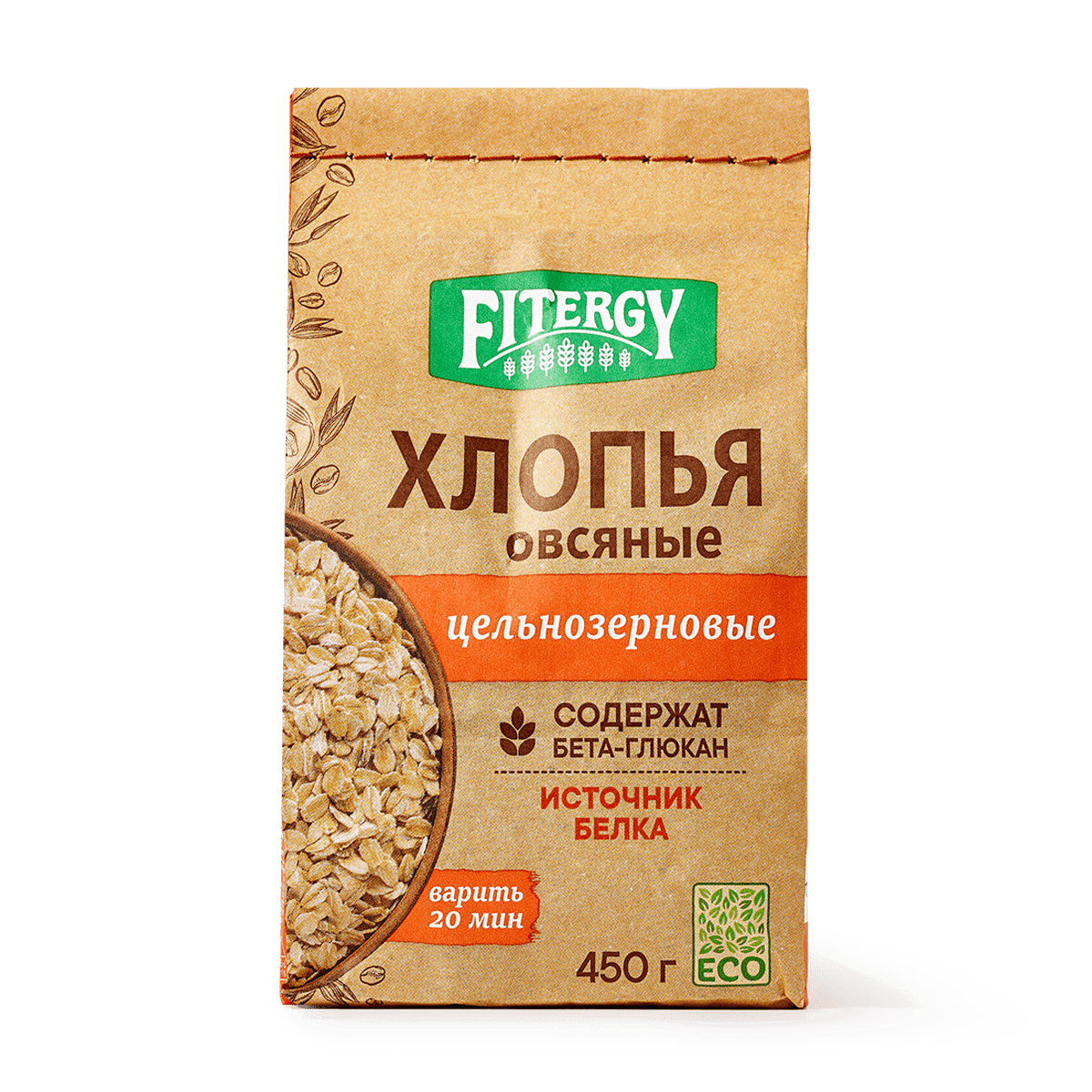 Овсяные хлопья Fitergy, цельнозерновые, содержат бета-глюкан, 450 г
