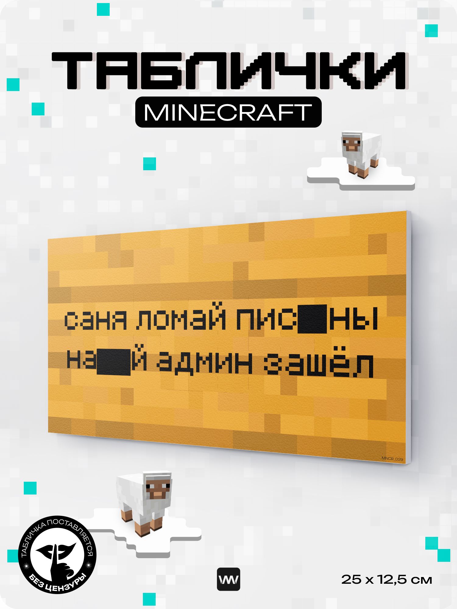 Табличка Майнкрафт с надписью "Саня админ зашёл", Minecraft на пластике, на стену, 250х125 мм, Айдентика Технолоджи