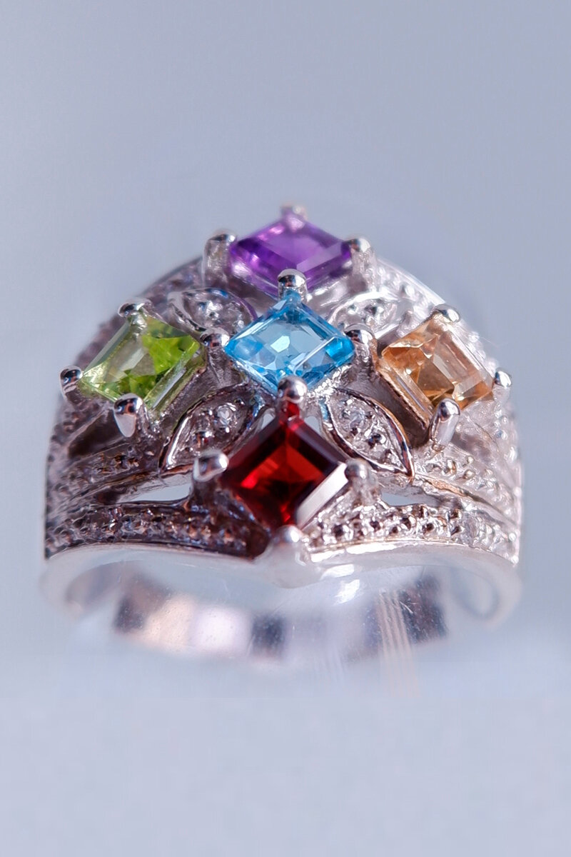 Кольцо, серебро, 925 проба, родирование, перидот, аметист, гранат, цитрин, топаз