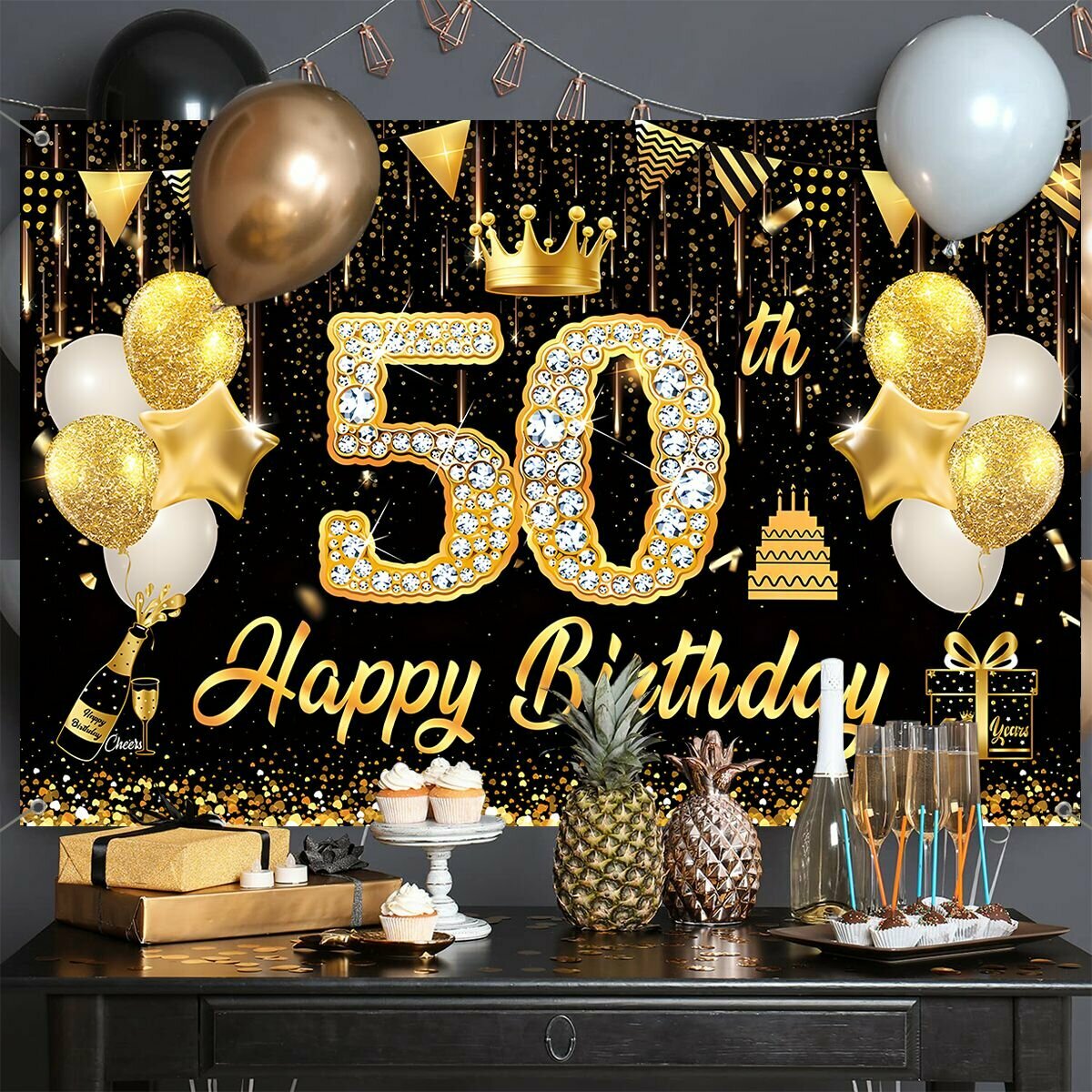Баннер на 50-й день рождения, чёрное золото