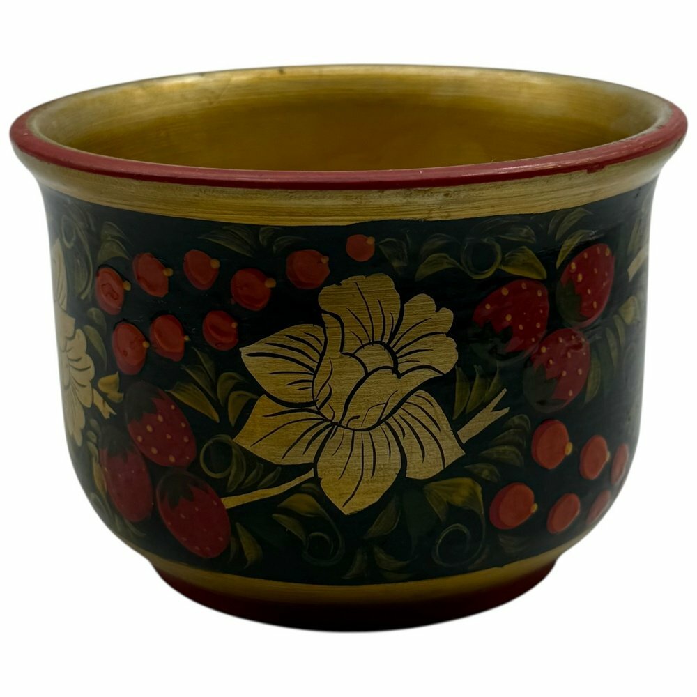 Хохломская роспись Поставок "Клубничка", 9 см, дерево, роспись, лак, 2000-2010 г, Семенов, Россия