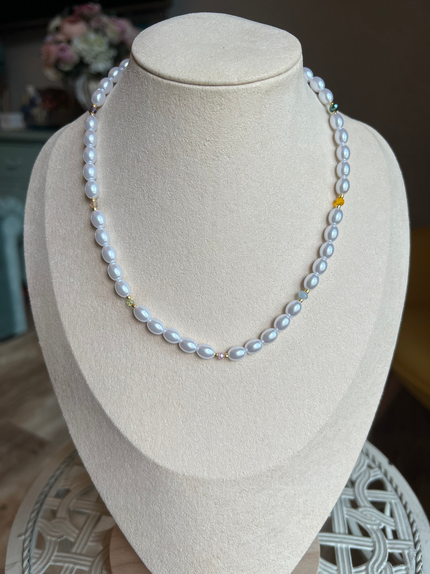 Колье, жемчуг имитация, циркон