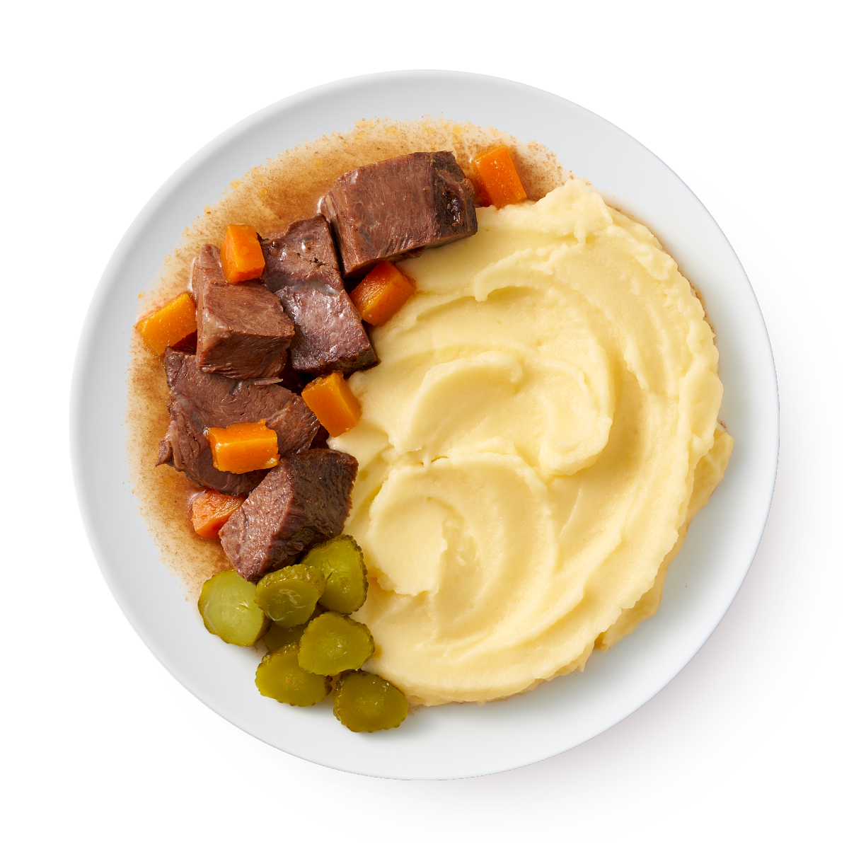 Щёчки говяжьи томлёные с картофельным пюре и маринованными огурцами «Летающая тарелка»