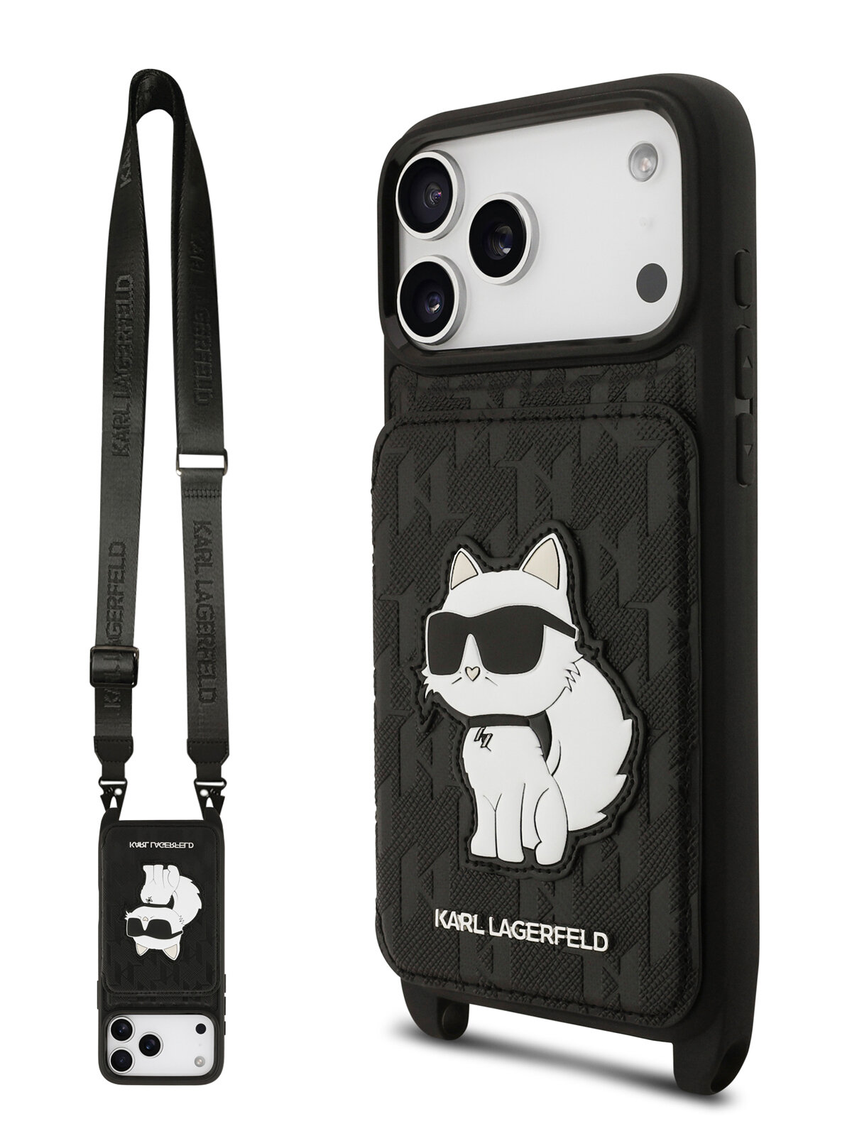 Чехол Karl Lagerfeld на iPhone 17 Pro Max, кросс-боди с ремешком, с картхолдером, из экокожи Saffiano, черный