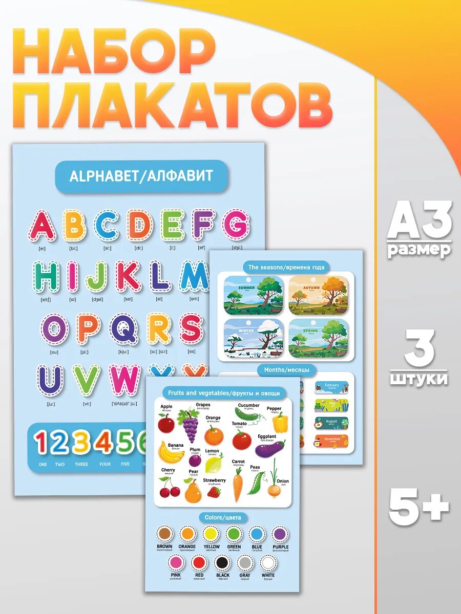 Набор обучающих плакатов Английский язык, А3, 3 шт, для начальной школы