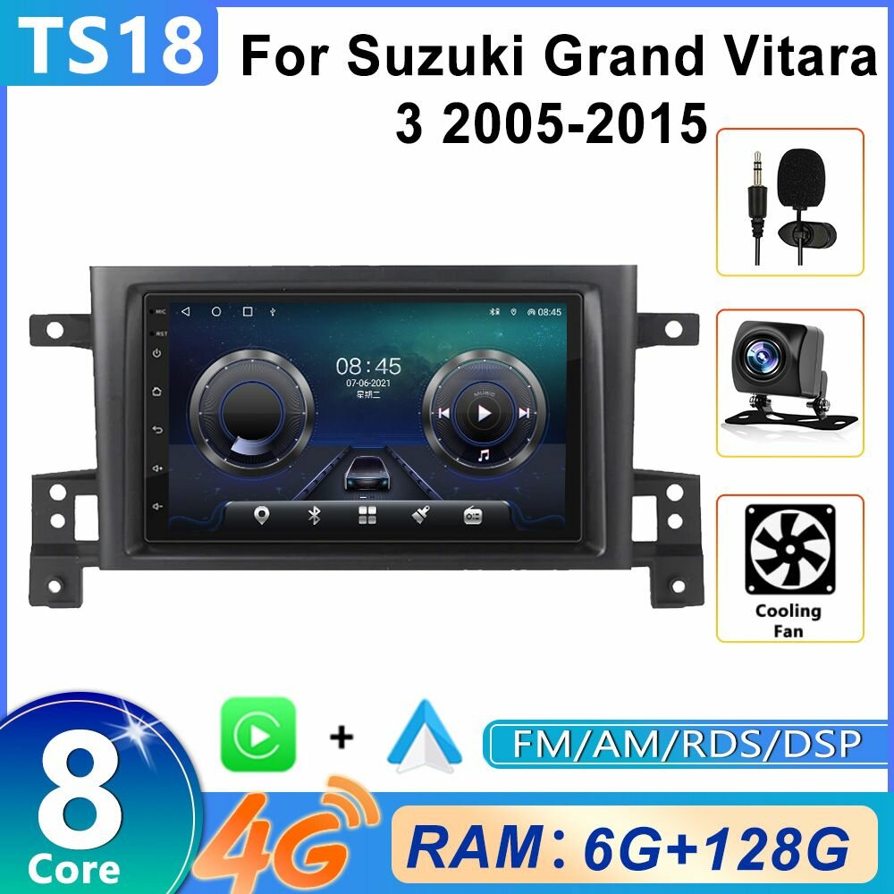 TS18 6+128G Магнитола для Suzuki Grand Vitara 2005-2015, 8 ядерный процессор IPS экран 7 дюймов, Carplay, автозвук DSP, Wifi, 4G, андроид штатная автомагнитола, Сузуки Гранд Витара