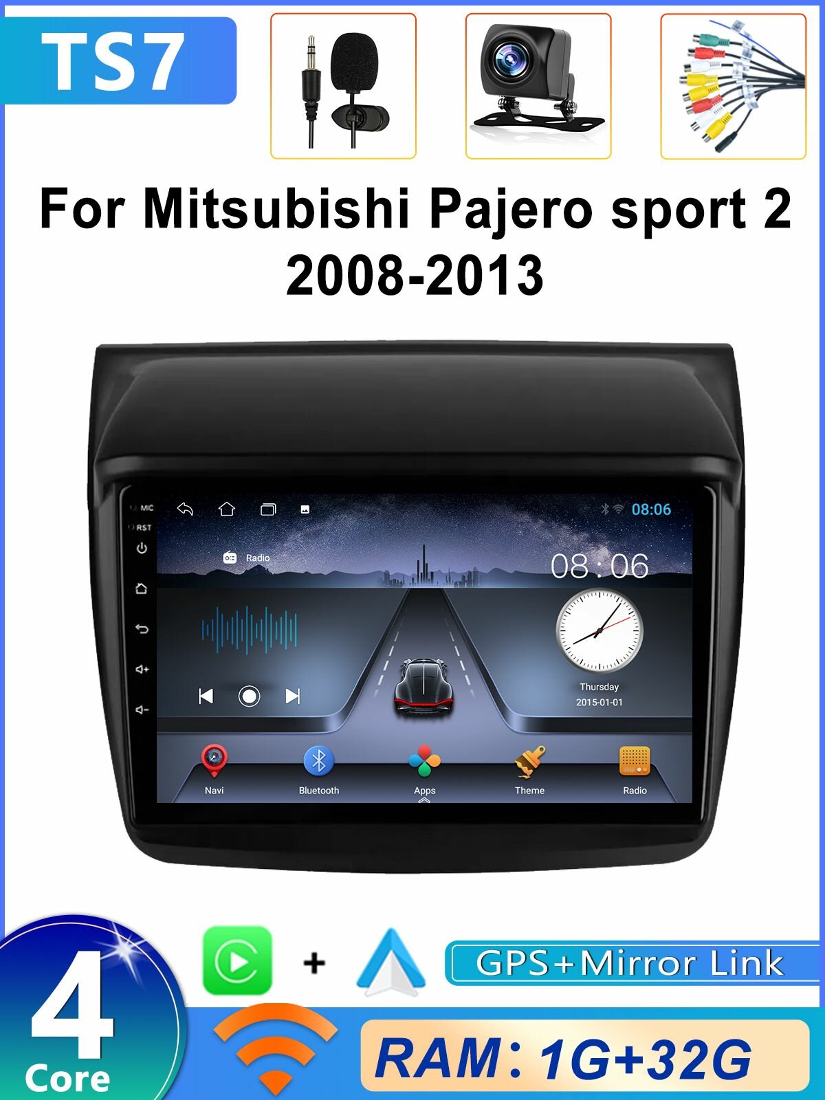 Автомагнитола Mitsubishi Pajero sport 2 2008-2013, Bluetooth Wi-Fi Сенсорные кнопки , Серебристый CARPLAY IPS