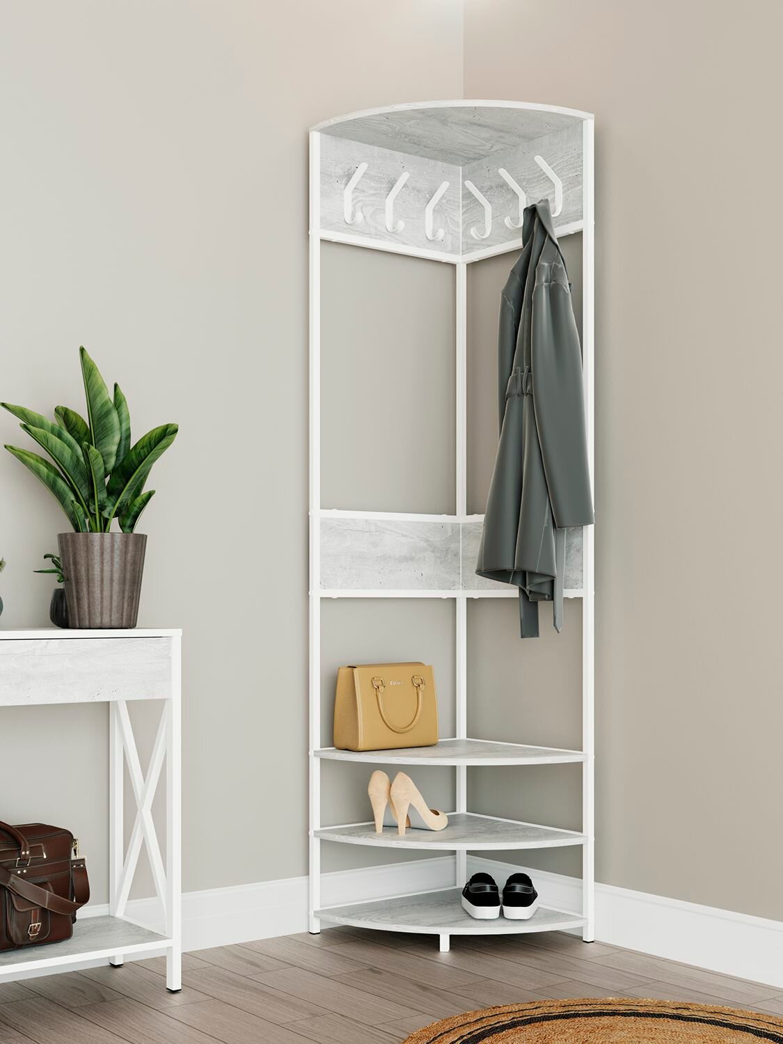 Прихожая угловая, вешалка напольная Лофт 50х202 см, Белый бетон пайн/ белый