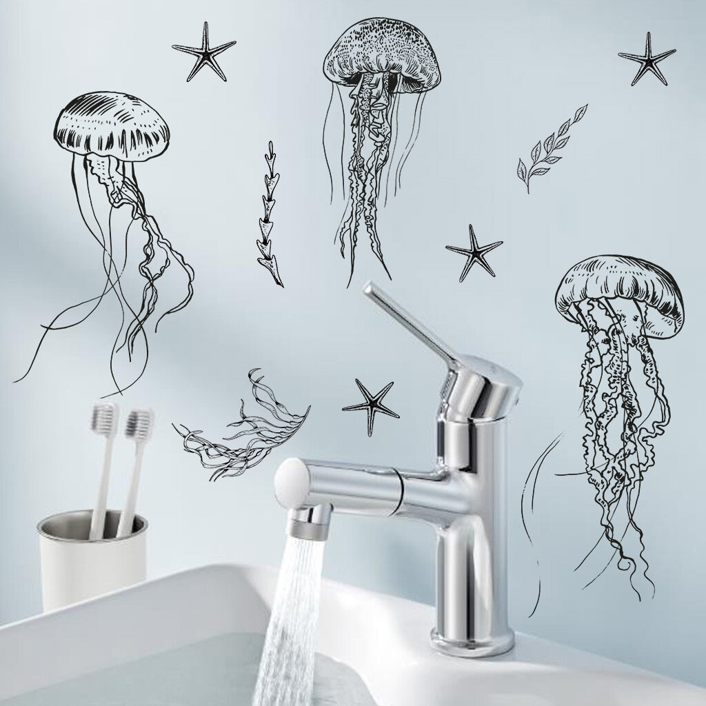 Наклейки на стену с изображением морских медуз, линейный стиль, морские животные, настенные наклейки, виниловые обои для ванной комнаты, гостиной, спальни, детской комнаты, самоклеящиеся водонепроницаемые съемные украшения из ПВХ
