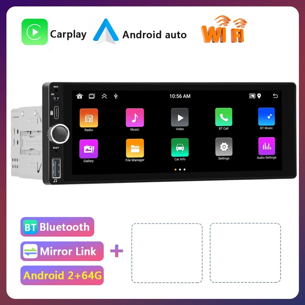 Podofo 1din Android Радио 6,86 "2 + 64G Автомобильный стерео радио GPS-навигация WIFI Carplay Android auto Bluetooth FM/RDS Автомобильный плеер, Carplay Radio