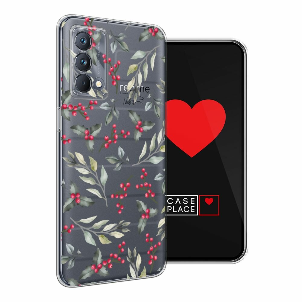 Чехол на Realme GT Master Edition / Реалми GT Мастер Эдишн с принтом Зимние ягоды паттерн, прозрачный — фото 1