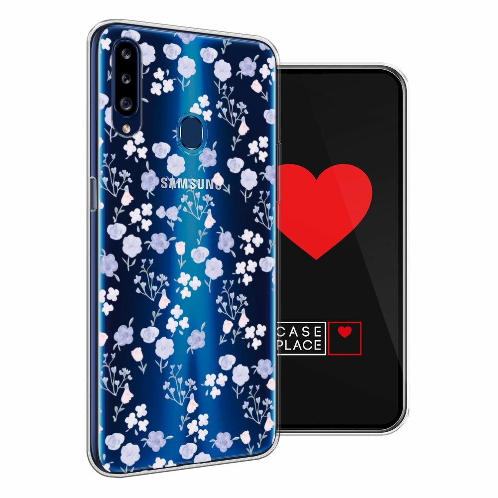 Чехол на Samsung Galaxy A20s / Самсунг Галакси A20s с принтом "Сиреневые розы паттерн", прозрачный — фото 1
