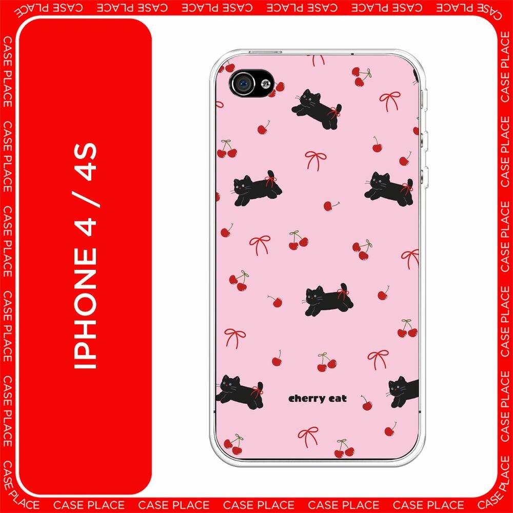 Чехол на Apple iPhone 4/4S / Айфон 4/4S с принтом "Cherry cat"