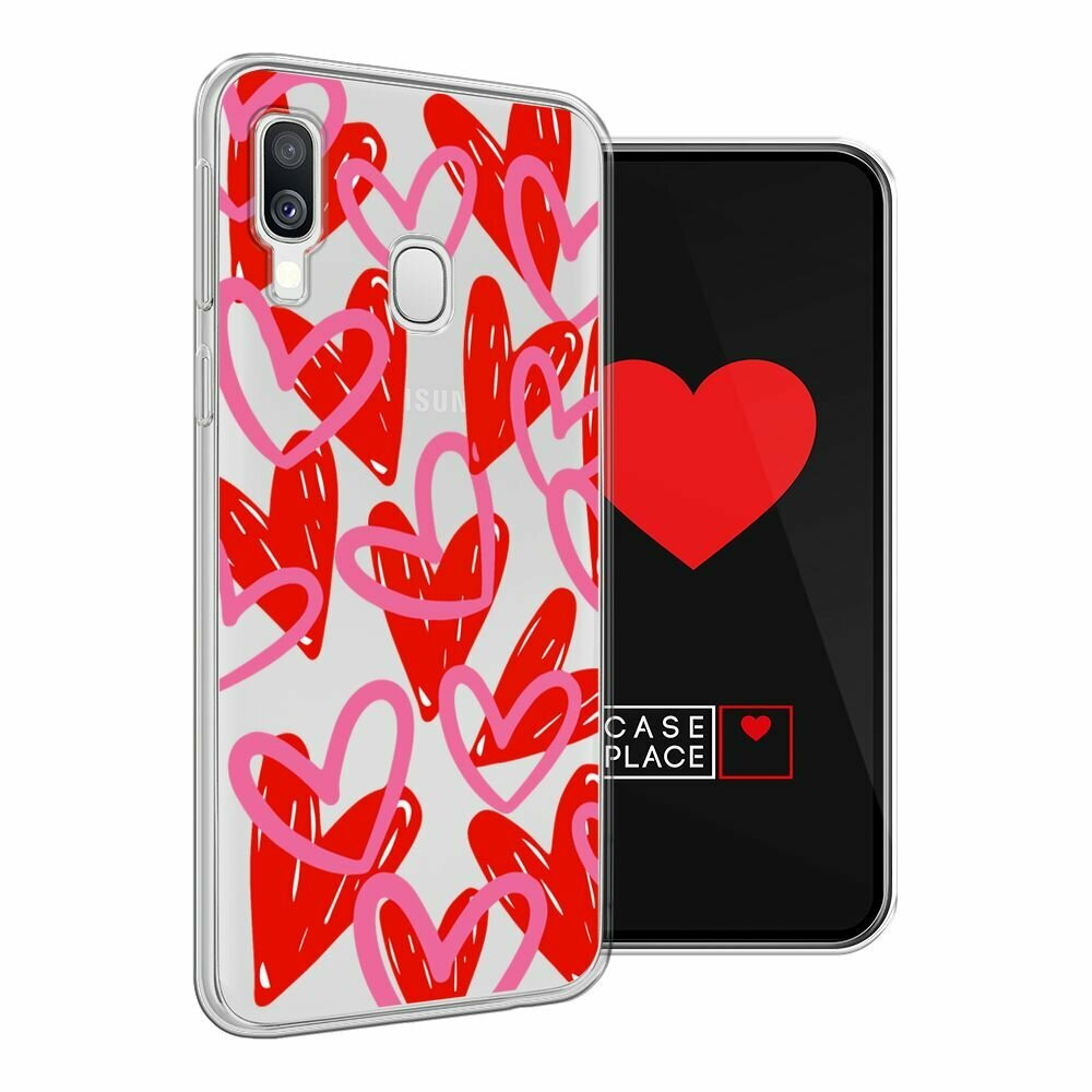 Чехол на Samsung Galaxy A40 / Самсунг Галакси А40 с принтом "Hearts doodles - 14 февраля", прозрачный — фото 1