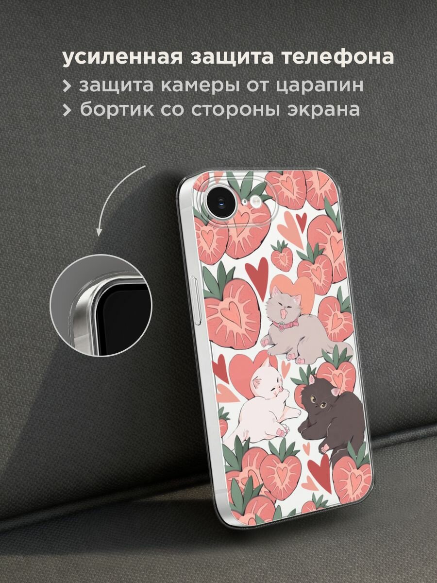 Чехол на Apple iPhone 16e/17e / Айфон 16е/17e с принтом "Клубничные котики", прозрачный — фото 1