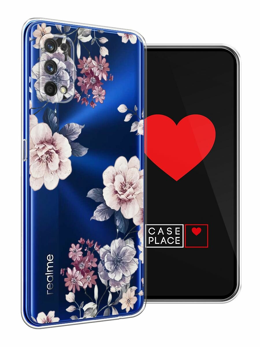 Чехол на Realme 7 Pro / Реалми 7 Про с принтом "Нежные винтажные цветы", прозрачный — фото 1
